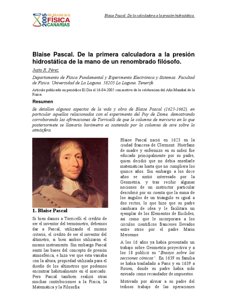 Blaise Pascal | PDF | Presión atmosférica | Vacío