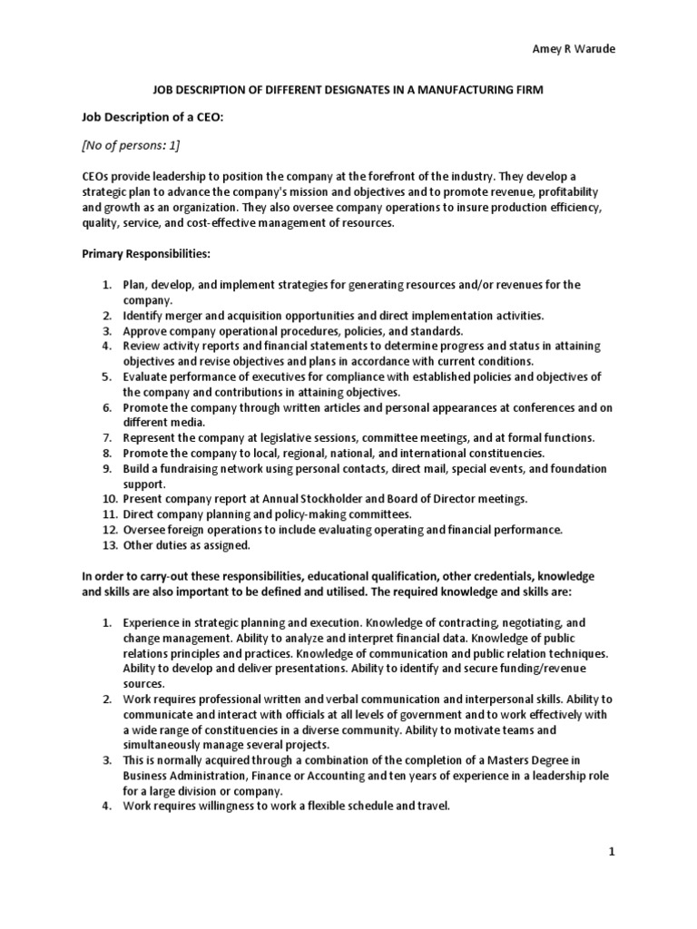 Job Descriptions in Manufacturing Firm | PDF | Human Resources | Sales