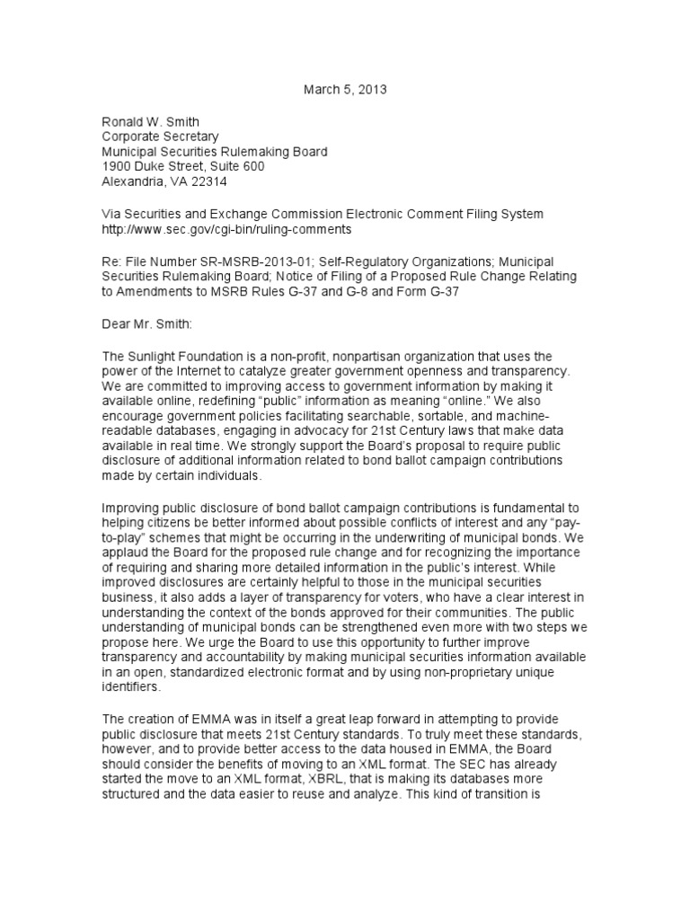Sunlight Letter To MSRB On SR-MSRB-2013-01 | PDF | Municipal Bond ...