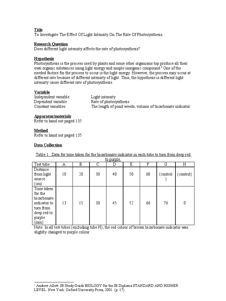 BIO - Lab Report 15 - Light Intensity On Photosyntesis | PDF ...