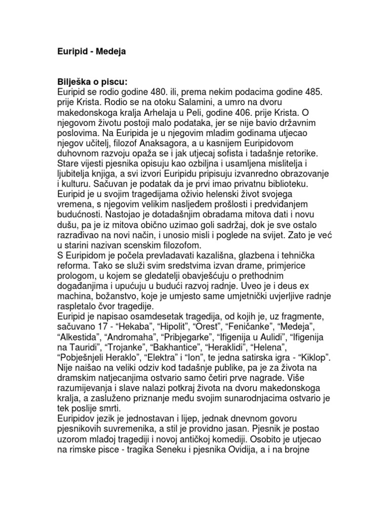 Euripid - Medeja (Opis Knjizevnog Dela) | PDF