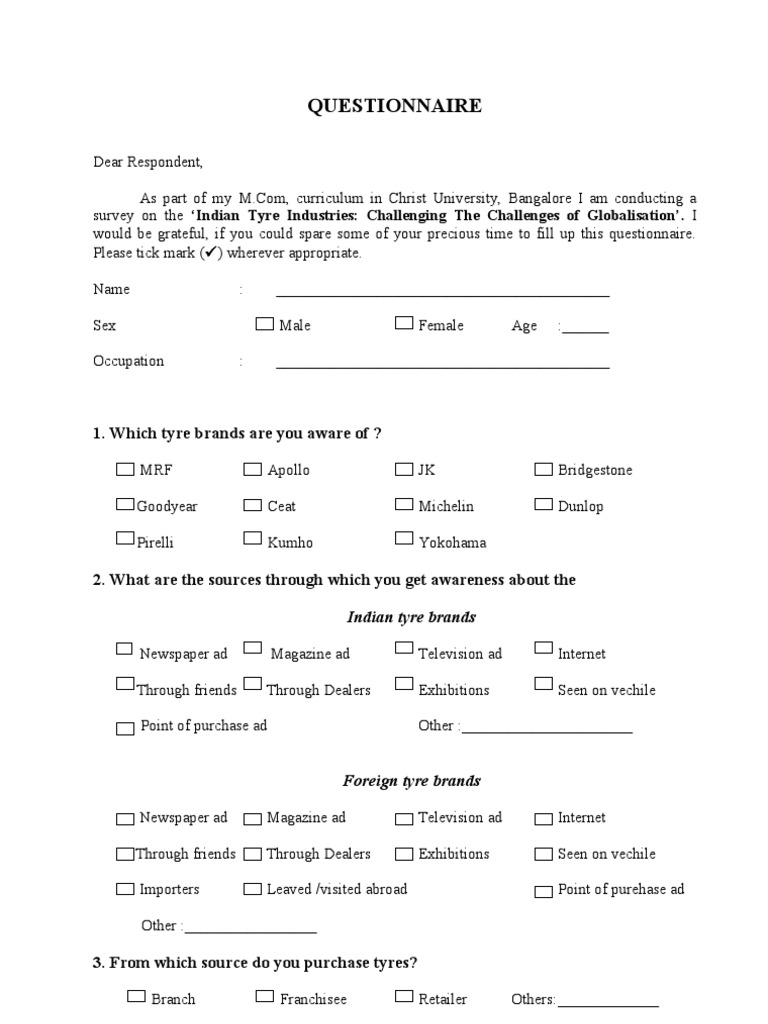 Questionnaire | PDF | Tire | Advertising