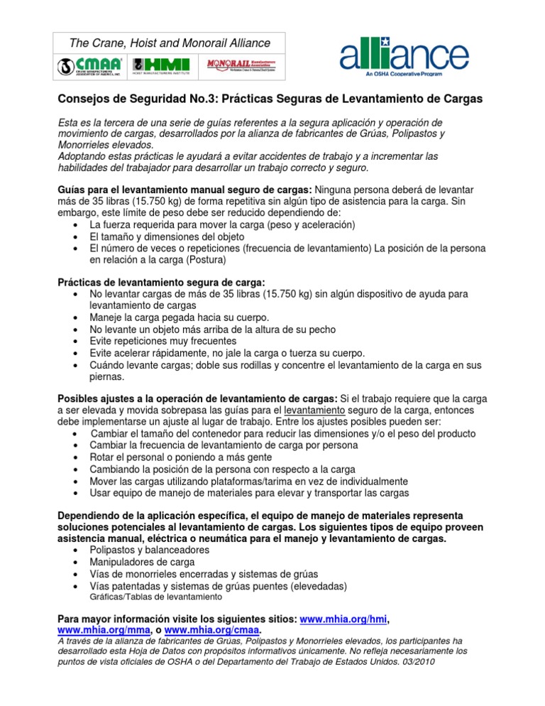 OSHA Inspection Cranes TipSheet - 03 - Spanish | PDF | Peso del cuerpo ...