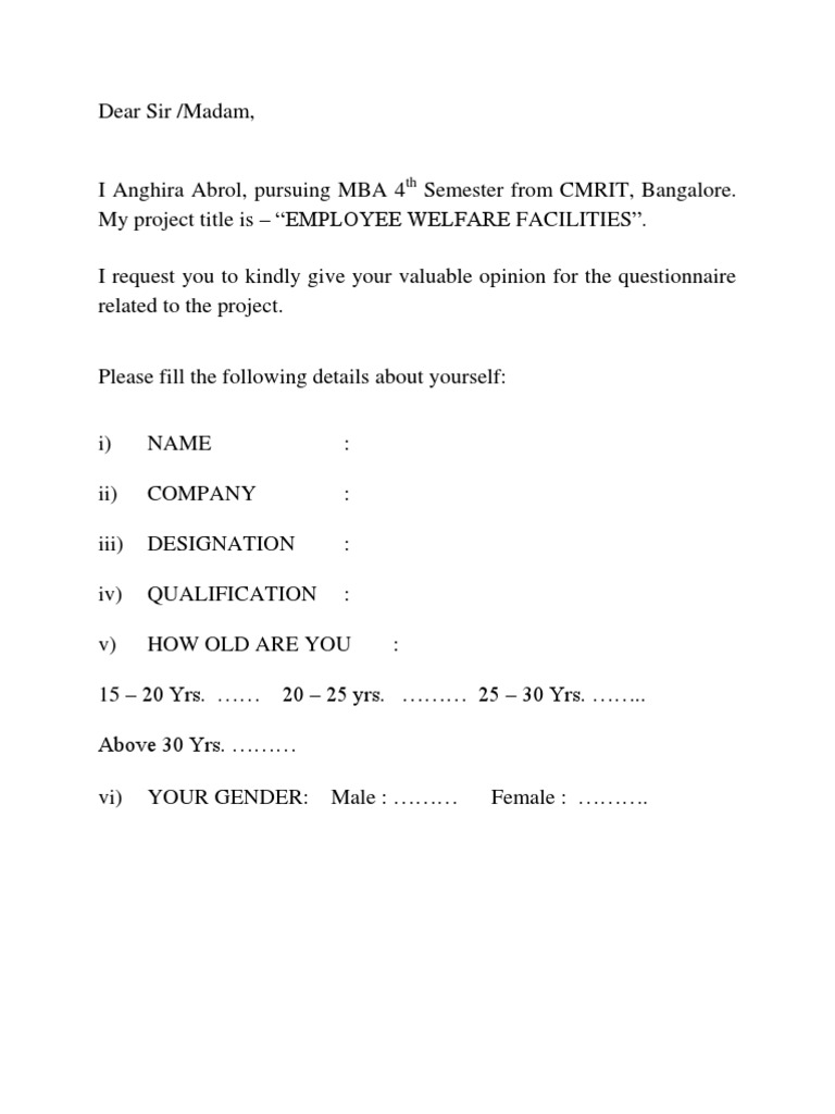 Questionnaire Employee Welfare | Welfare | Employment