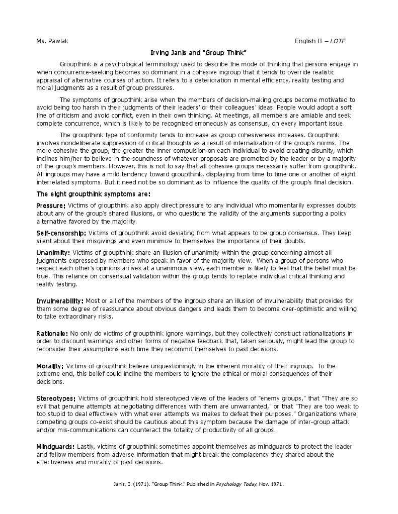 Irving Janis Group Think | PDF | Group Processes | Psychological Concepts