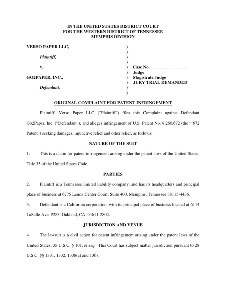 Verso Paper v. Go2Paper | PDF | Patent Infringement | Lawsuit