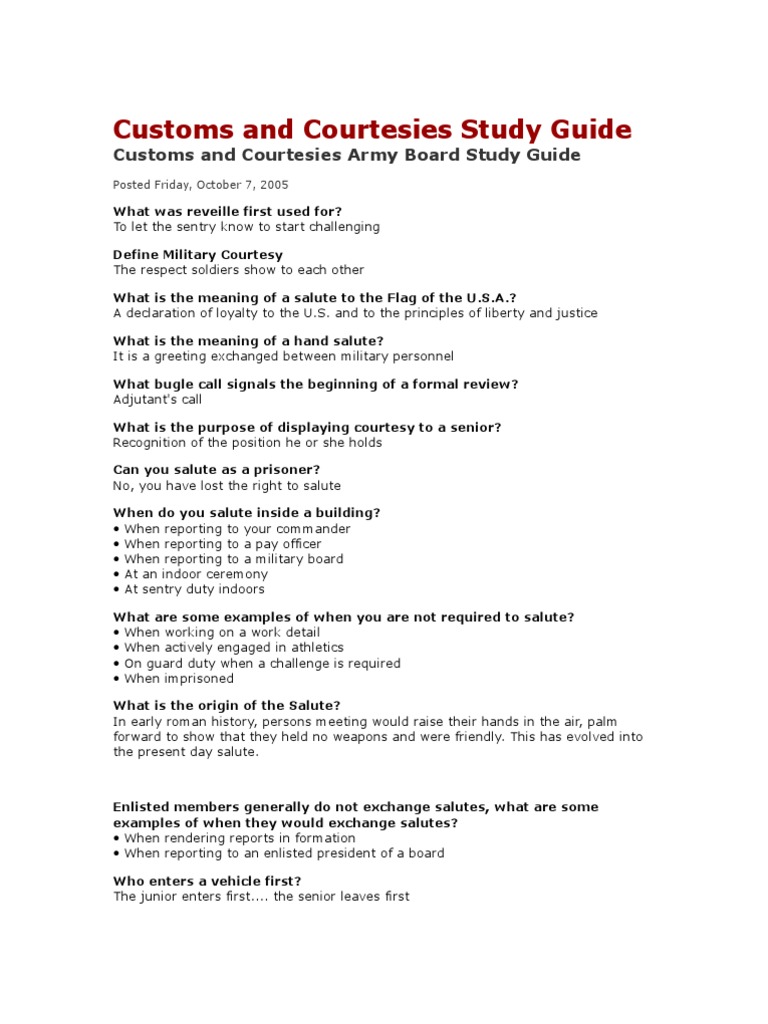 Customs and Courtesies Army Board Study Guide | PDF | Military Life ...