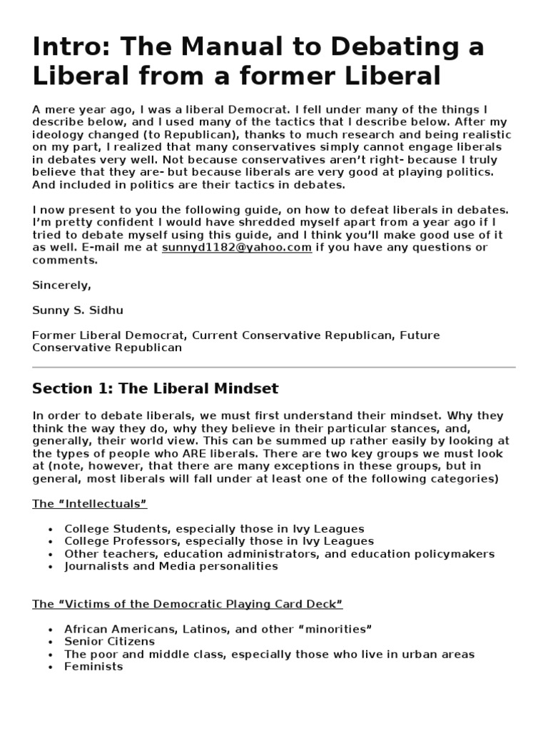Intro The Manual To Debating A Liberal From A Former Liberal | PDF
