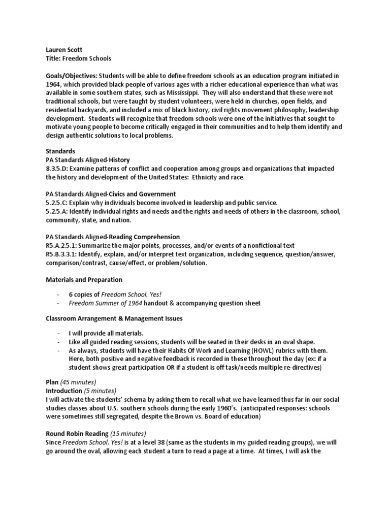 Lesson Plan 3 - Freedom Schools | PDF | Classroom | Leadership