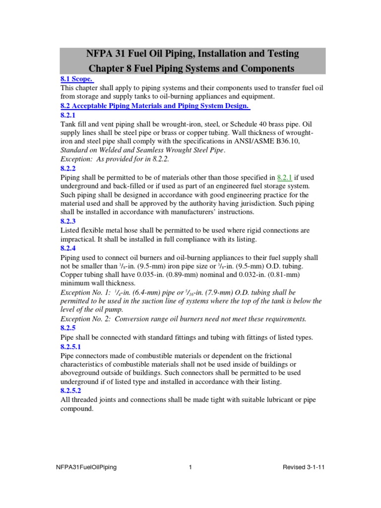 NFPA 31 Fuel Oil Piping, Installation and Testing Chapter 8 Fuel Piping ...