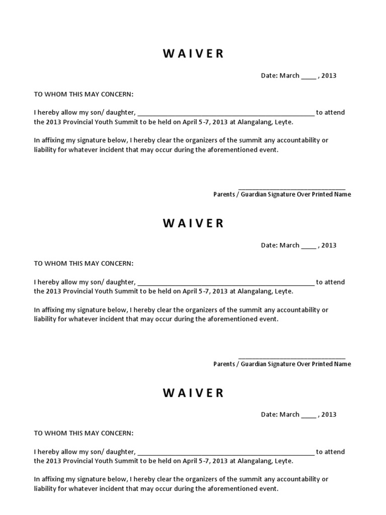 Waiver: - Parents / Guardian Signature Over Printed Name | PDF | Wellness