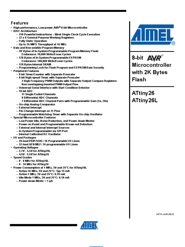 8-Bit Microcontroller With 2K Bytes Flash Attiny26 Attiny26L | PDF ...