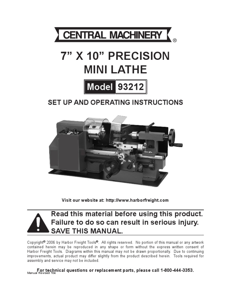 Central Machinery Model 93212 Manual in English PDF Screw Belt Mechanical