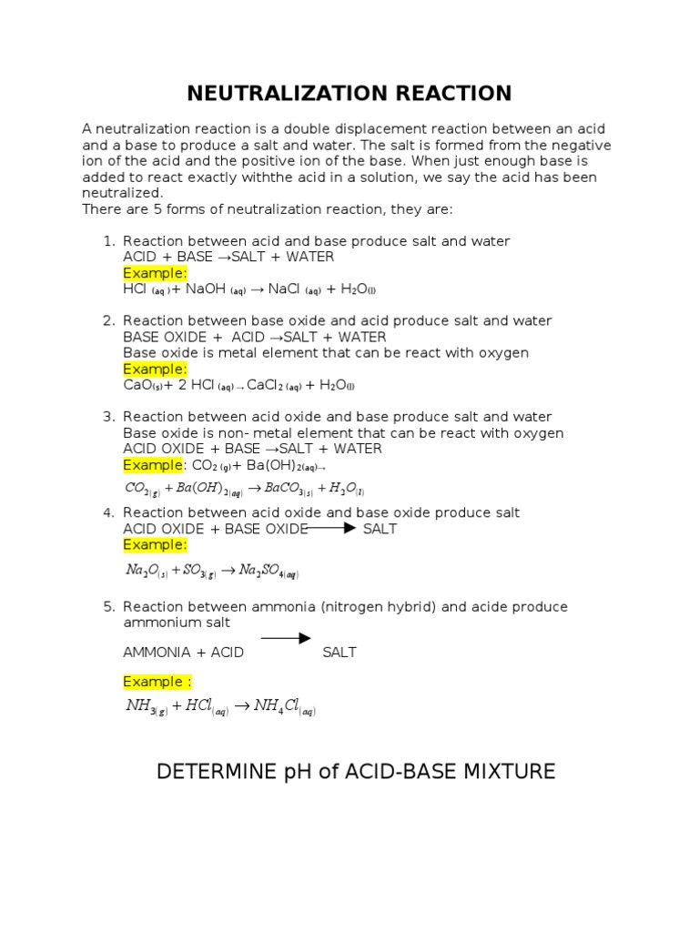 Neutralization Reaction: Determine PH of Acid-Base Mixture | PDF | Acid ...