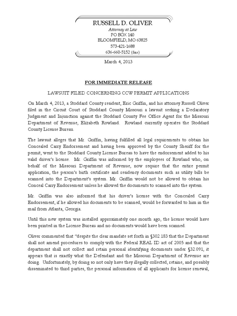Russell D. Oliver: For Immediate Release | PDF | Concealed Carry In The ...