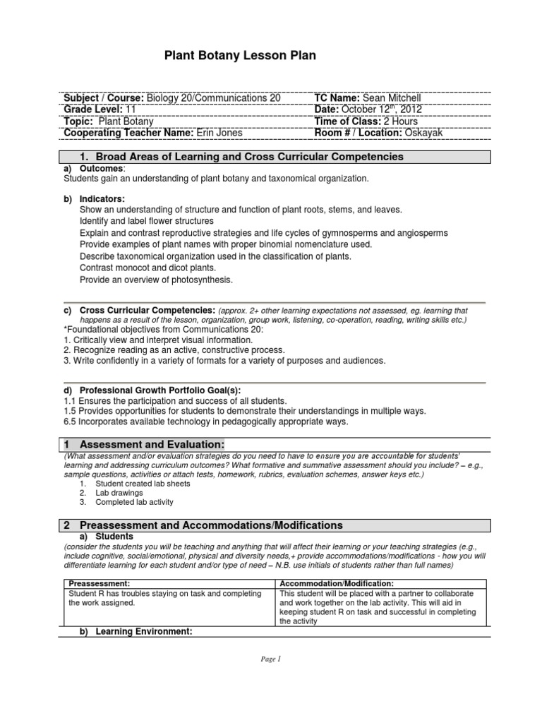 Biology 20 Plant Botany Lab Lesson Plan | PDF | Botany | Educational ...