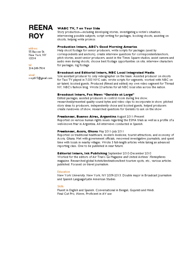 Reena Roy Resume | PDF | Journalism | New York City
