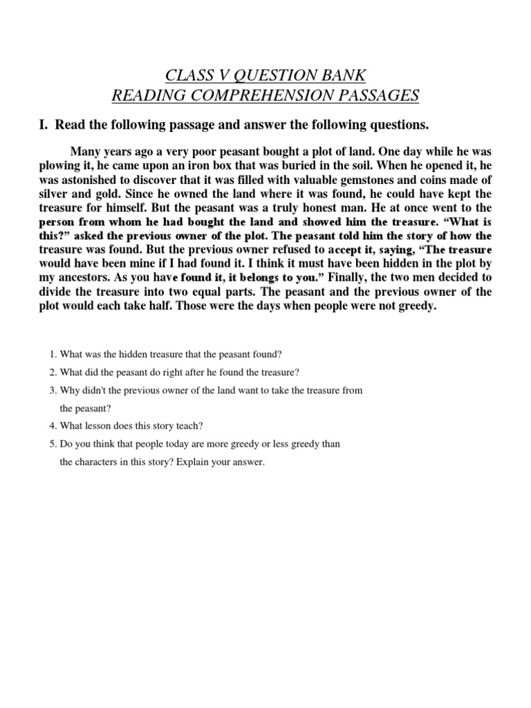 Class V Question Bank Reading Comprehension Passages: I. Read The ...