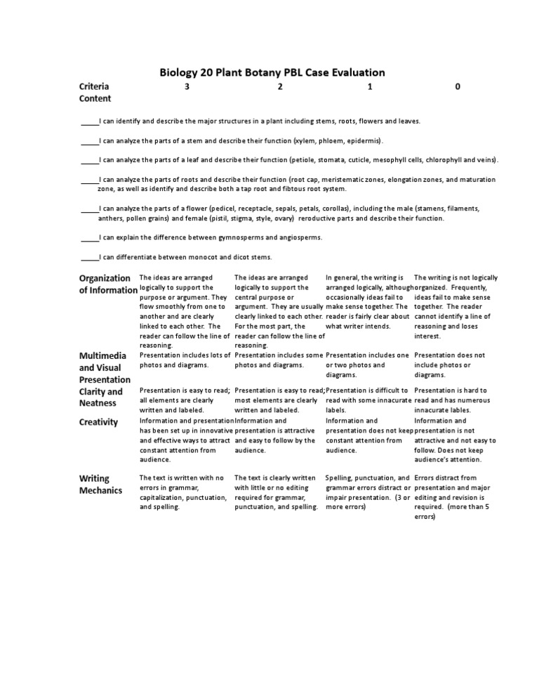Plant Botany Evaluation Criteria | PDF | Petal | Plant Stem