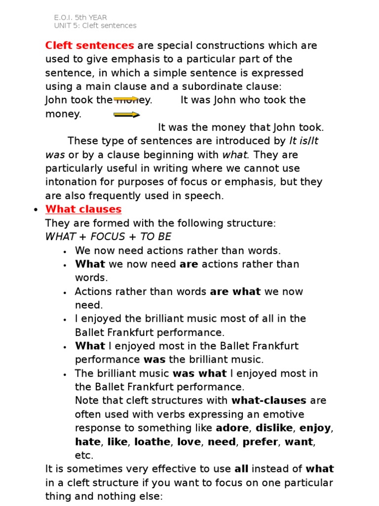 Cleft Sentences+Exercises | PDF | Clause | Sentence (Linguistics)