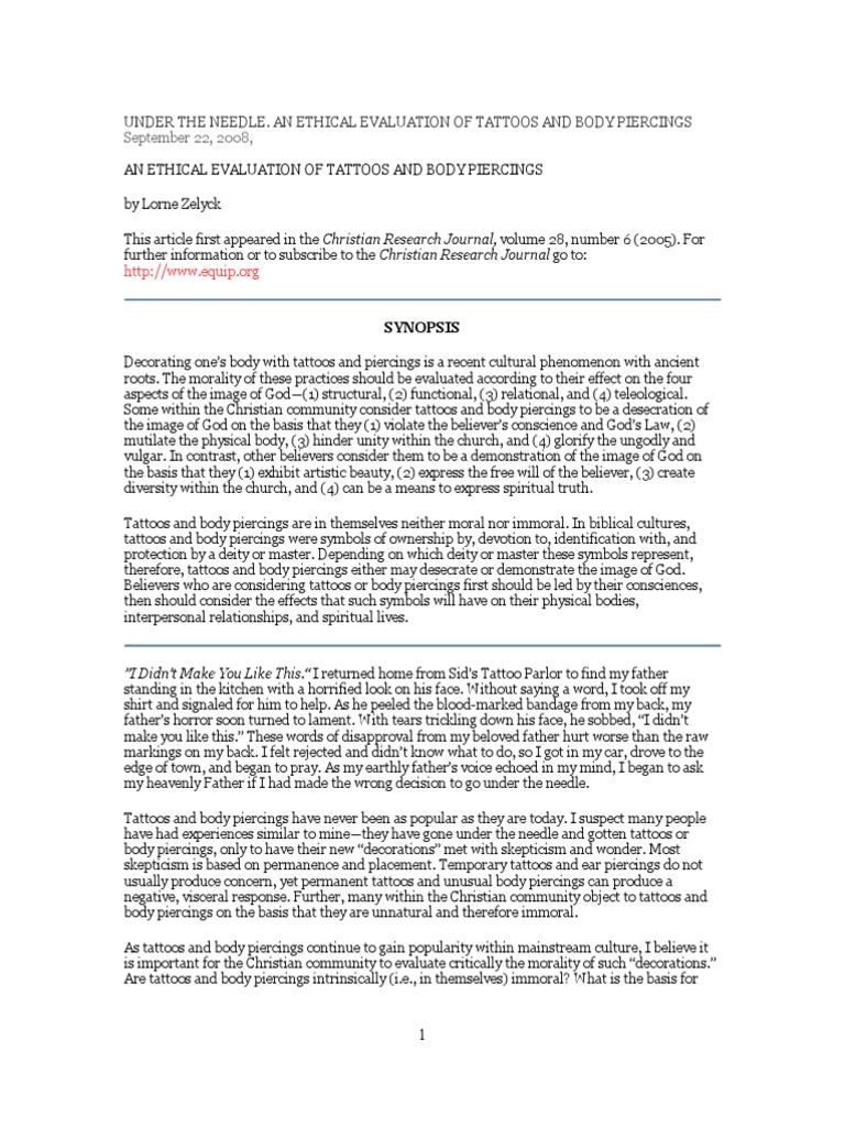 Ethical Perspectives on Tattoos & Piercings | PDF | Image Of God | Tattoo