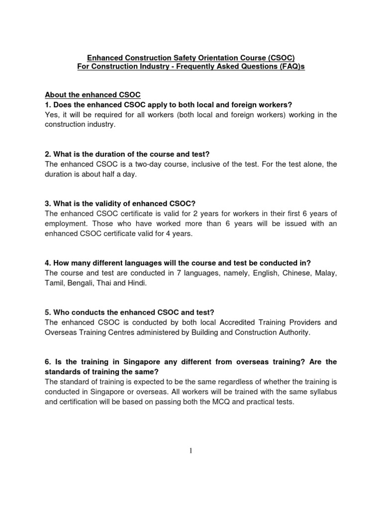 Enhanced Construction Safety Orientation Course (CSOC) | PDF ...