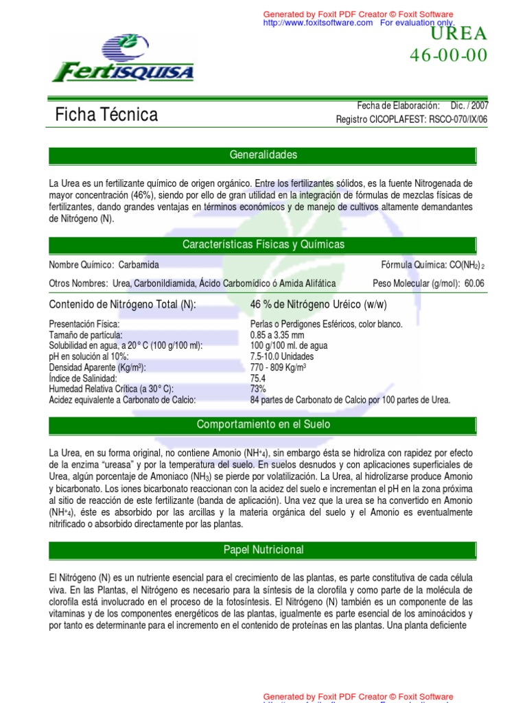 Urea Ficha Tecnica | PDF | Nitrógeno | Urea