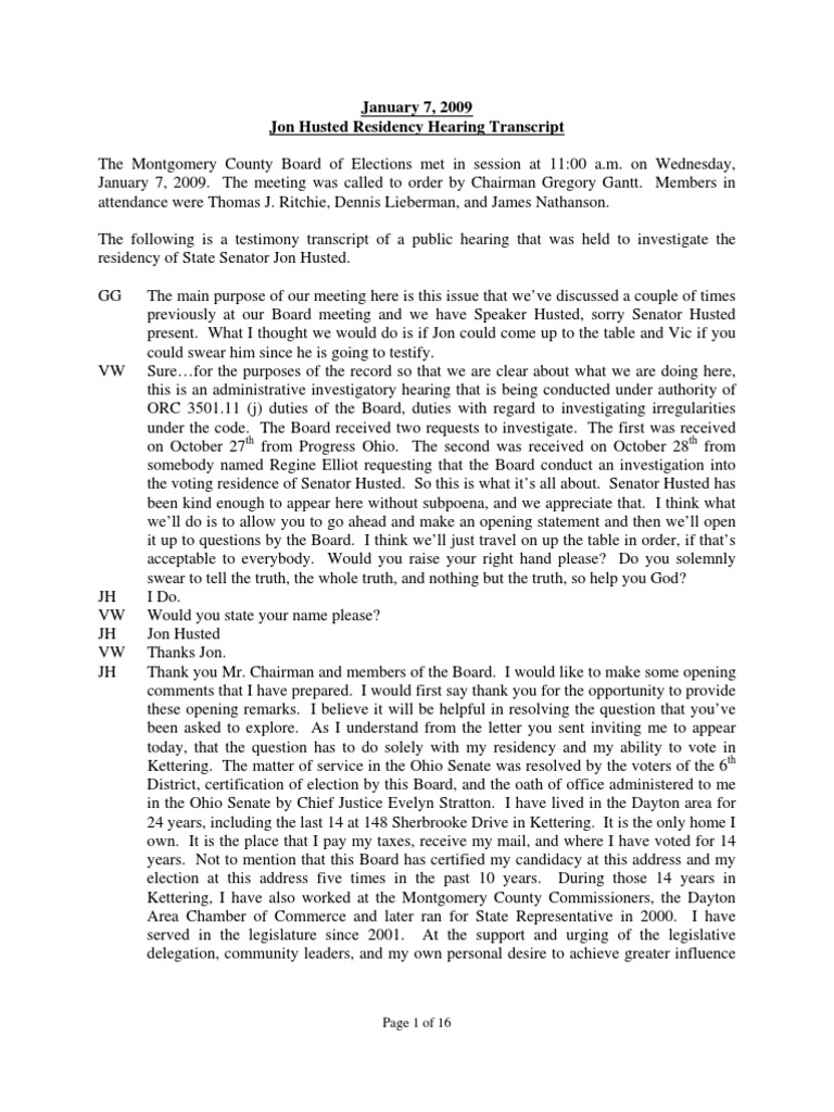 January 7, 2009 Jon Husted Residency Hearing Transcript: TH TH | PDF ...