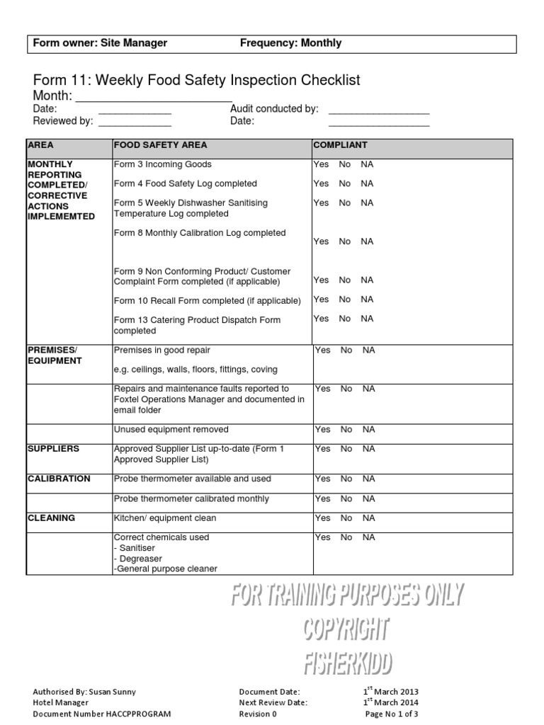 Form Weekly Food Safety Inspection Checklist | PDF | Refrigerator | Hygiene