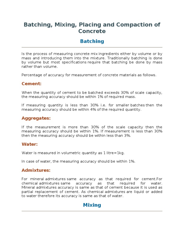 Batching, Mixing, Placing and Compaction of Concrete | PDF | Concrete ...
