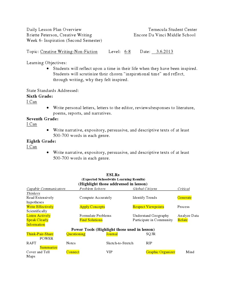 Week 6 Lesson Plan - What Inspires You | PDF | Lesson Plan | Narrative