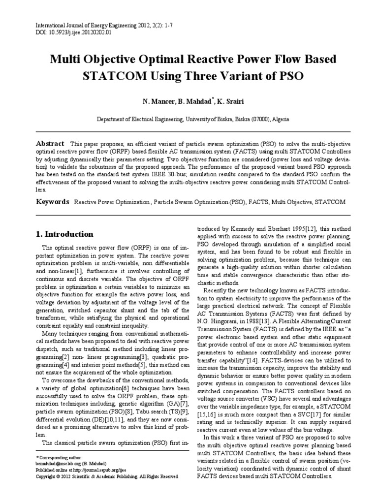 Multi Objective Optimal Reactive Power Flow Based STATCOM Using Three Variant of PSO | PDF ...