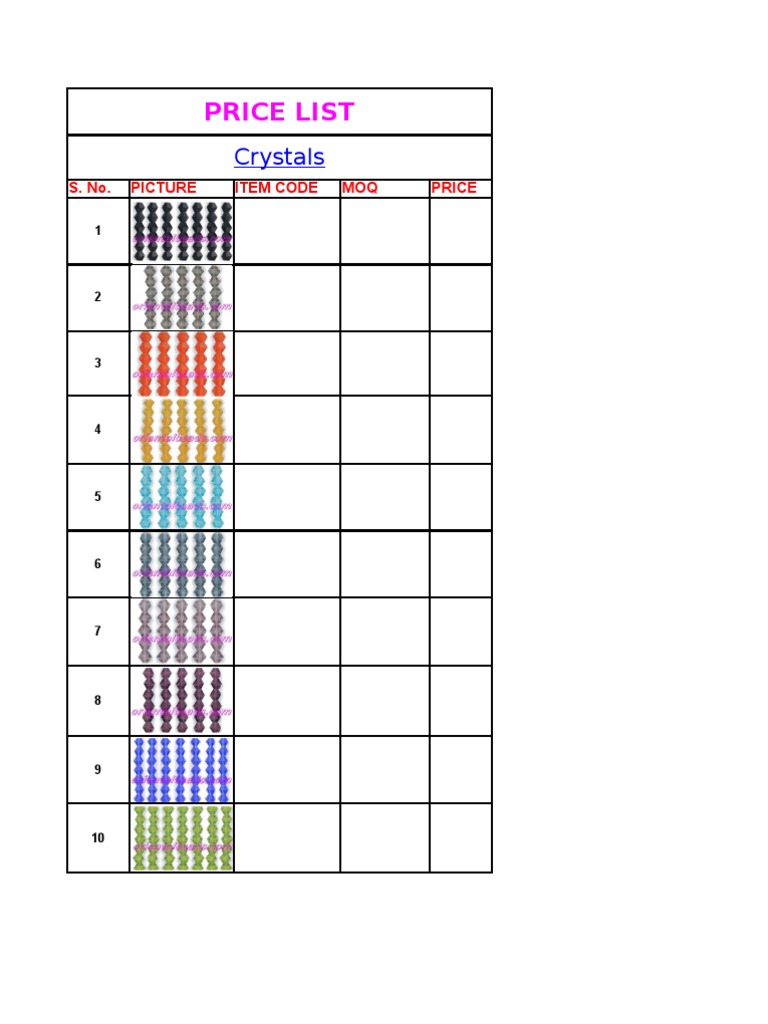 Crystal Price List and MOQ Details | PDF