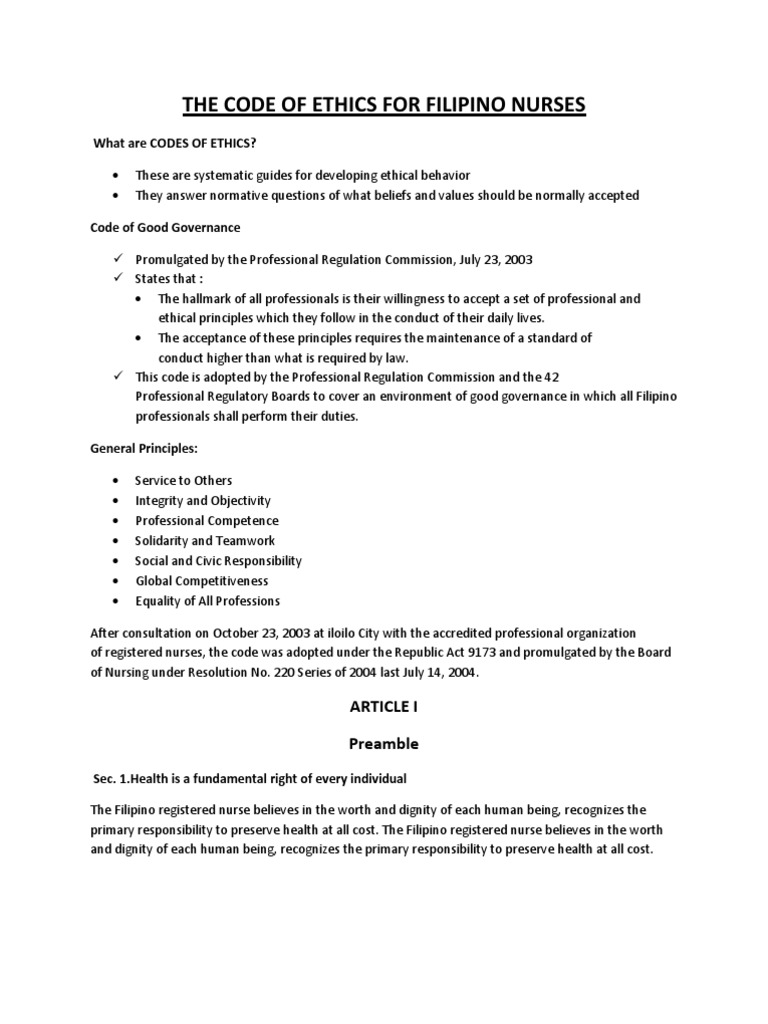 The Code of Ethics For Filipino Nurses | PDF | Nursing | Health Care