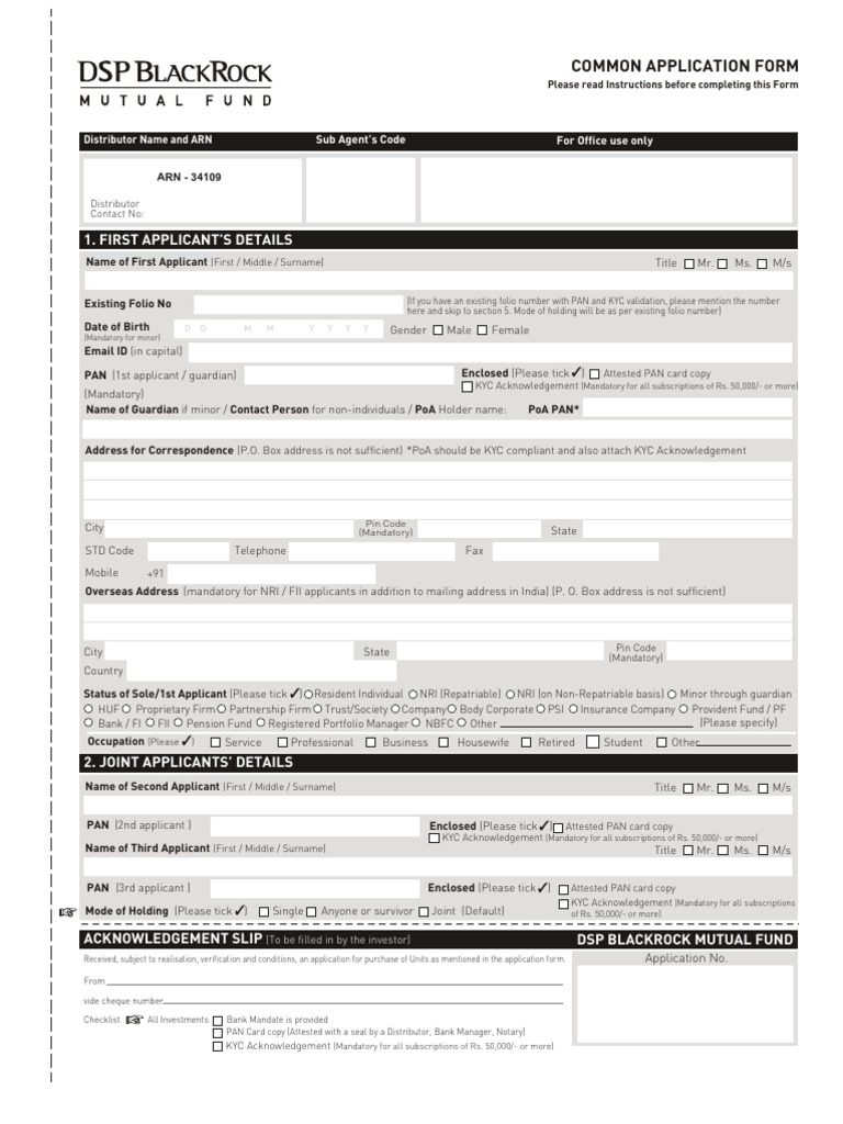 DSP BlackRock Mutual Fund Application Form | PDF | Cheque | Debit Card