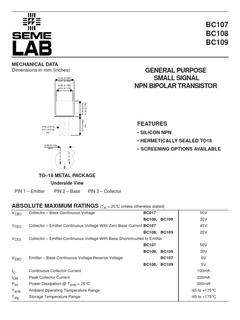 BC107 Transistor Datasheet Overview | PDF | Bipolar Junction Transistor ...