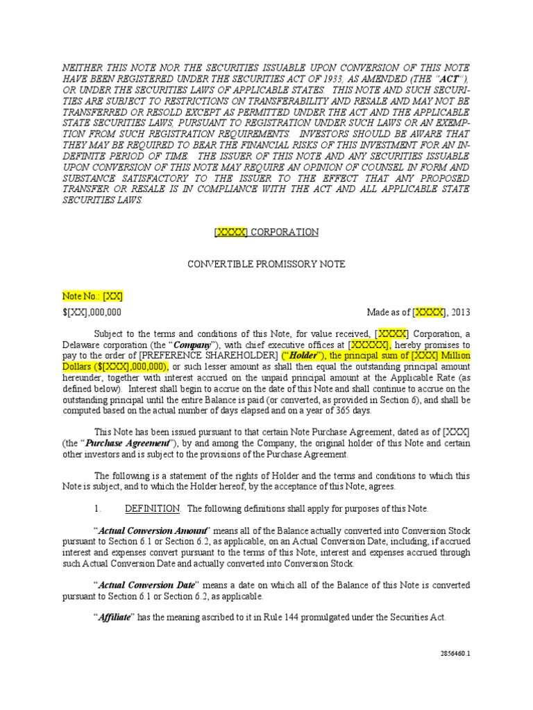 Convertable Promissory Note - Template | PDF | Corporate Action ...