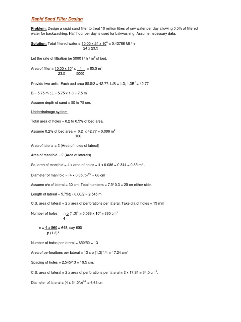 Rapid Sand Filter Design Example PDF | PDF | Filtration | Litre