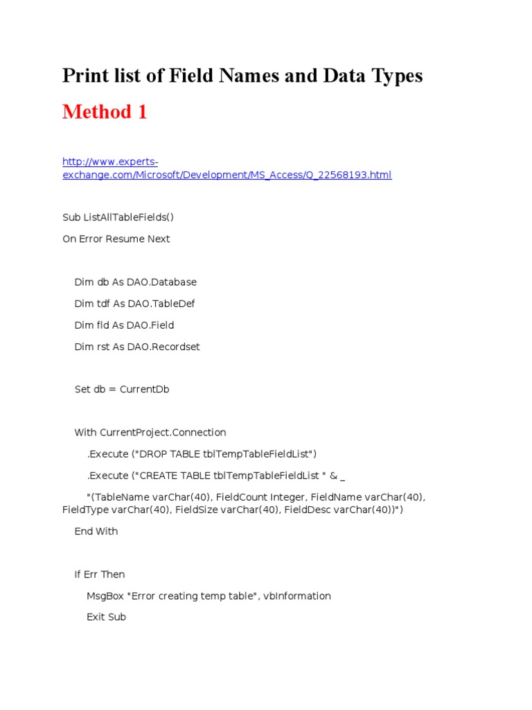 Print list of Field Names and Data Types.doc | Microsoft Access ...