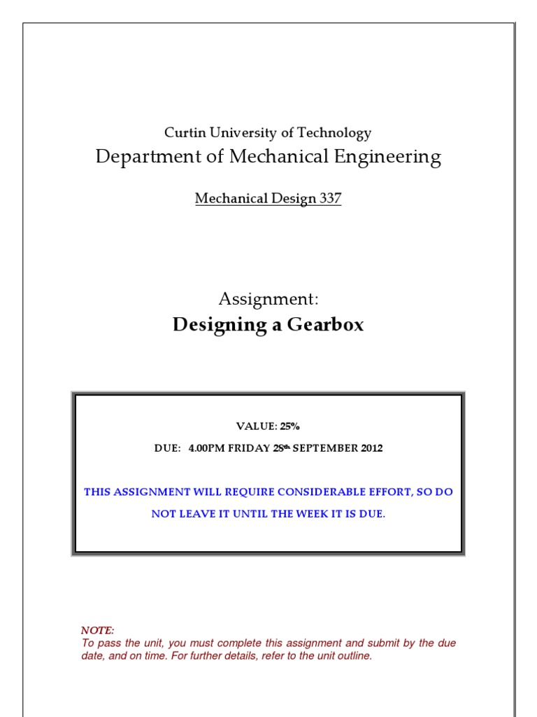 Gear Box Design Assignment S2 2012 | PDF | Gear | Bearing (Mechanical)