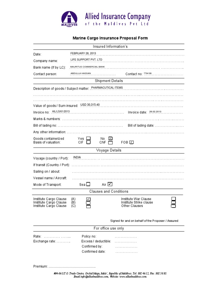 Marine Cargo Insurance Proposal Form: Insured Information's | PDF