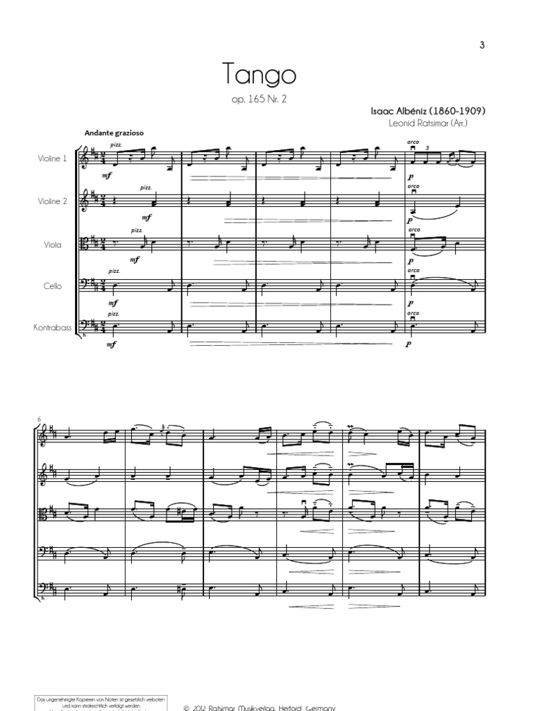 Isaac Albeniz: Tango Für Streichorchester - Tango Op. 165/2 For String ...