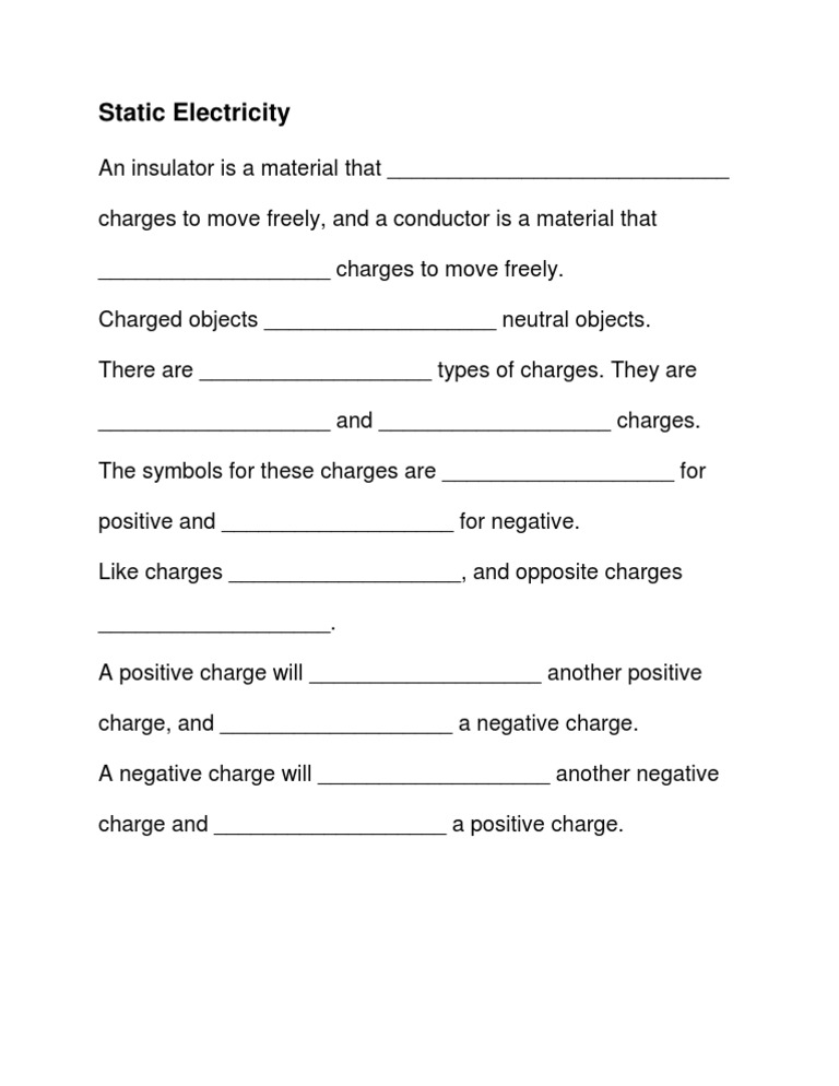 Static Electricity Worksheet