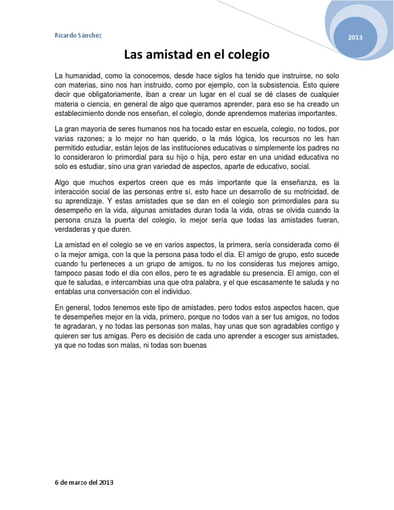La Amistad en el Colegio: Tipos y Valores | PDF