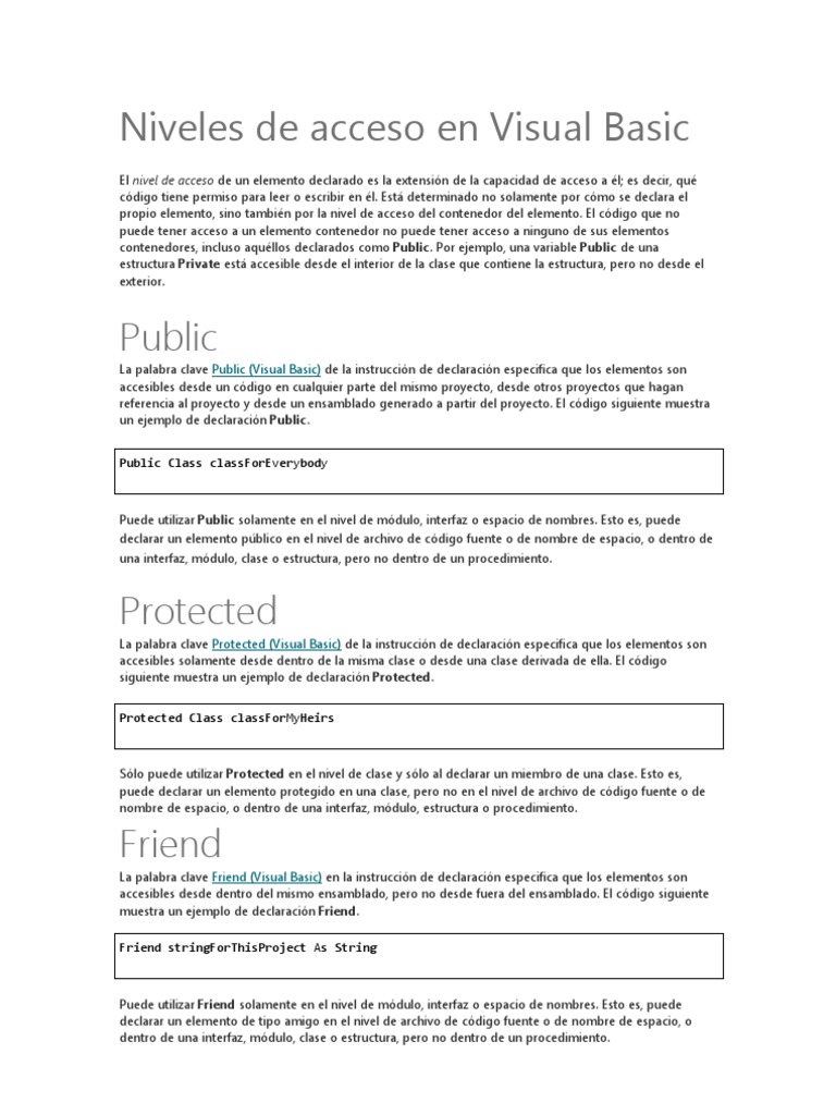 Niveles de Acceso en Visual Basic | PDF | Básico | Clase (Programación informática)