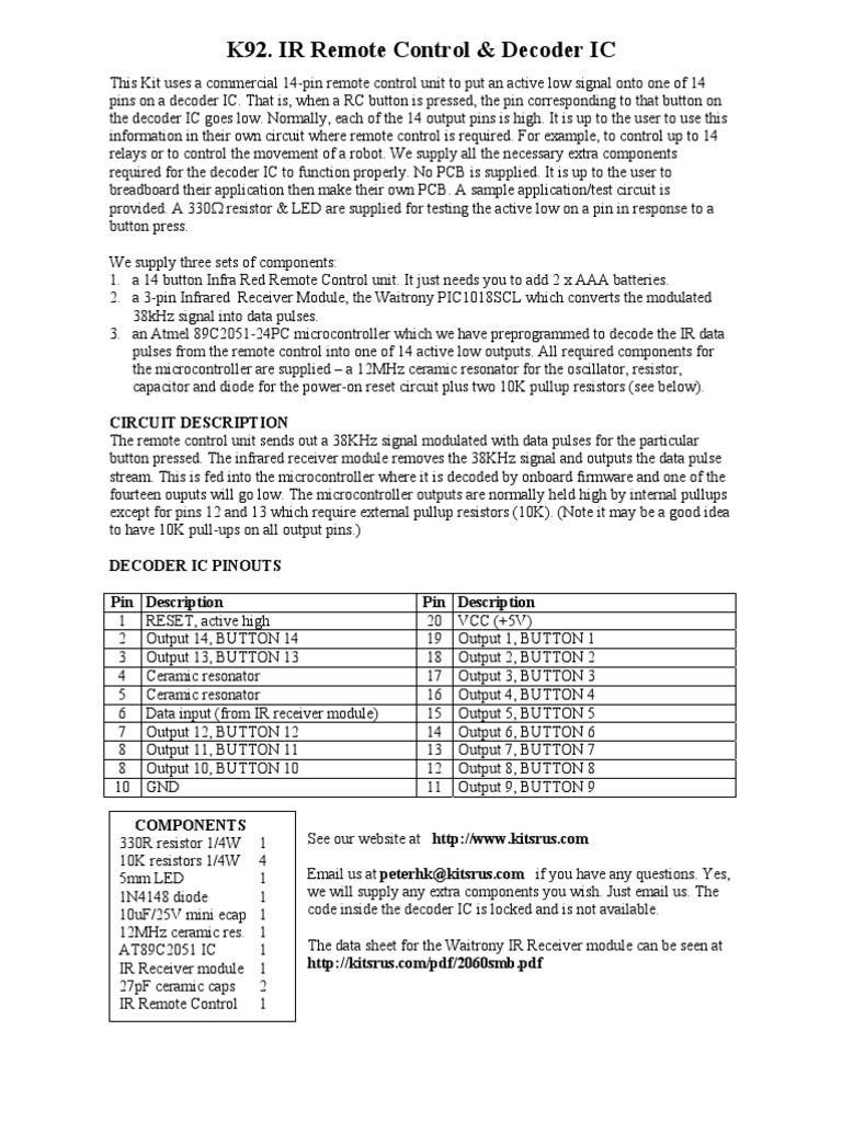 k92-IR Remote Control Decoder | PDF | Remote Control | Electronic Circuits