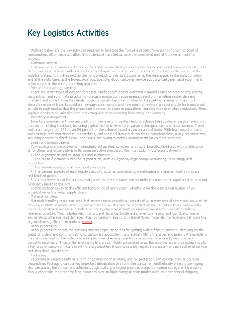 Key Logistics Activities | PDF | Logistics | Inventory
