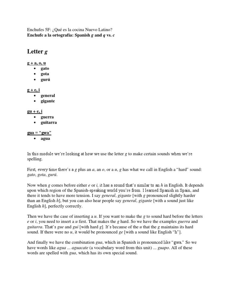 Letter G: Enchufe A La Ortografía: Spanish G and Q vs. C | PDF