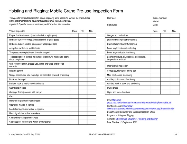 Hoisting and Rigging: Mobile Crane Pre-Use Inspection Form | PDF