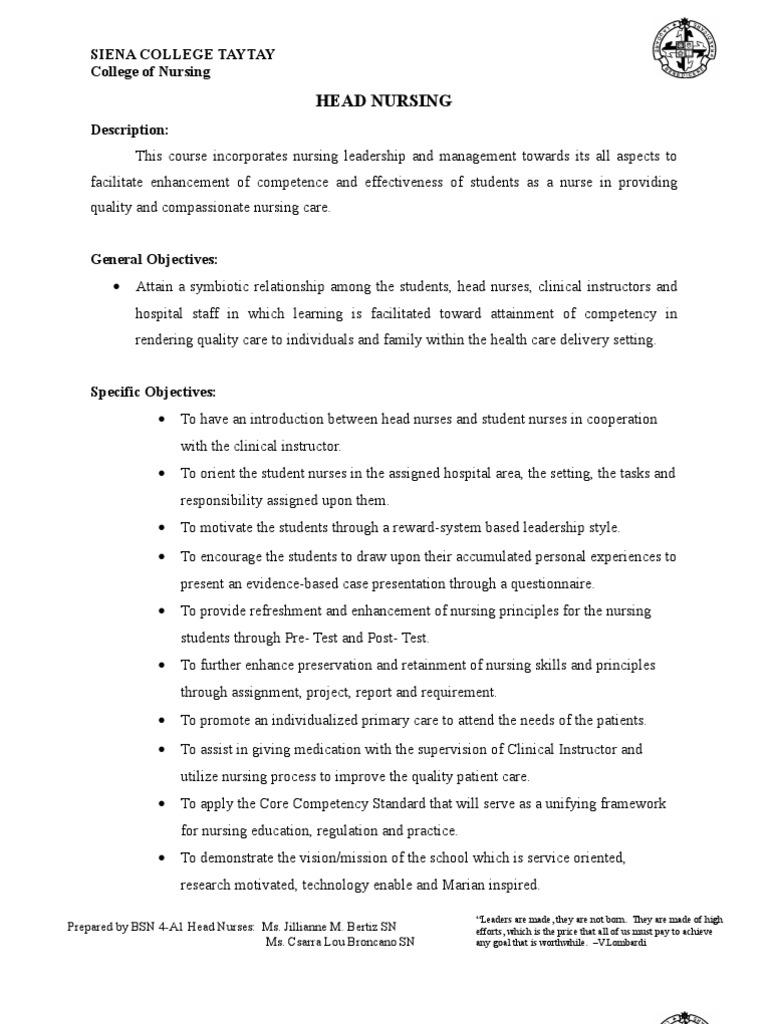 Head Nursing Objectives | PDF | Nursing | Health Care
